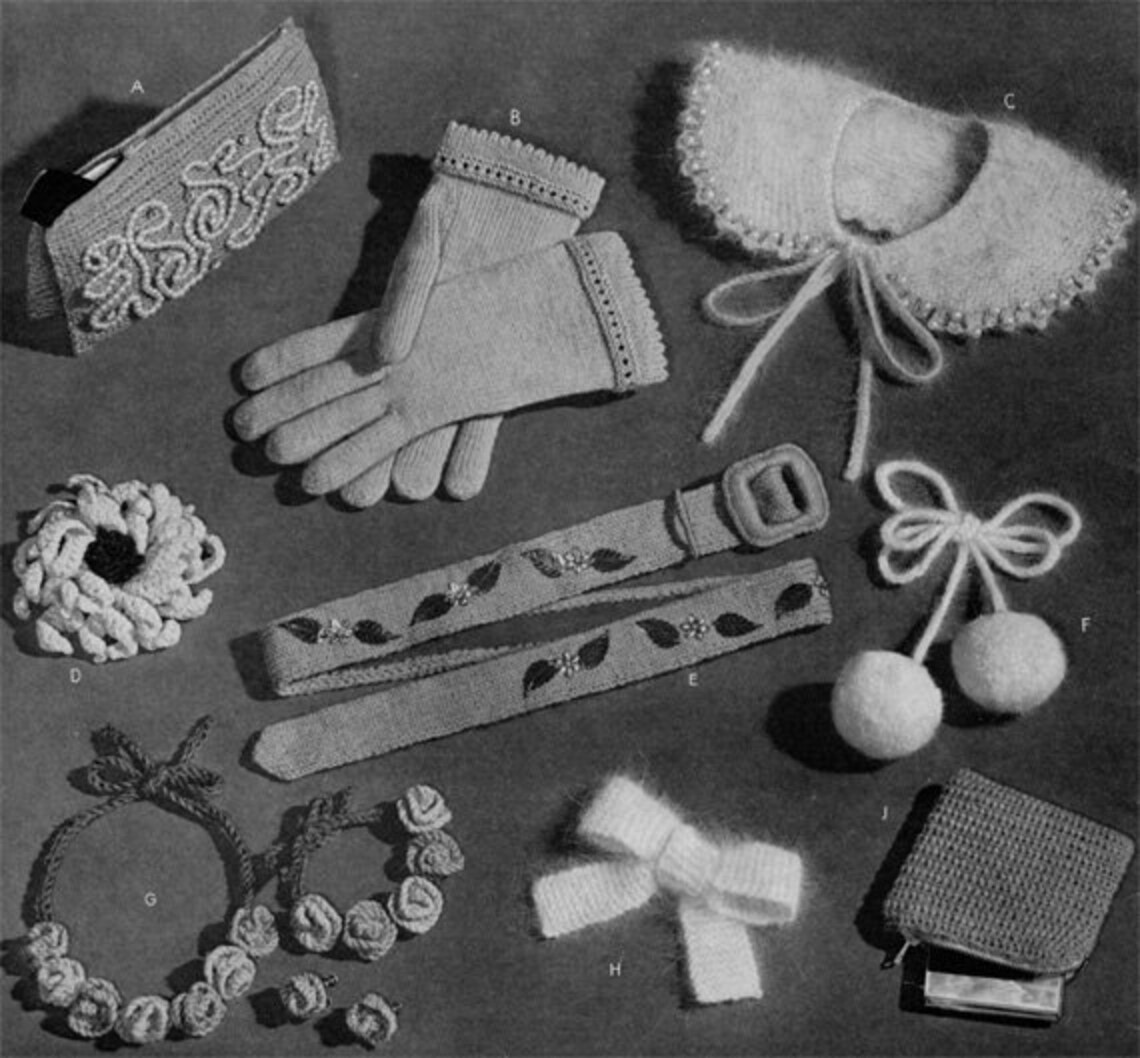 9 Vintage Accessory Patterns - Knitted Crocheted Bag, Gloves, Collar ...