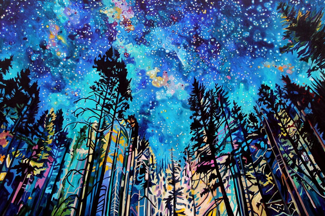 Starry Night & Forest Art Prints Canvas, Paper, Acrylic, Wood: Painting ...