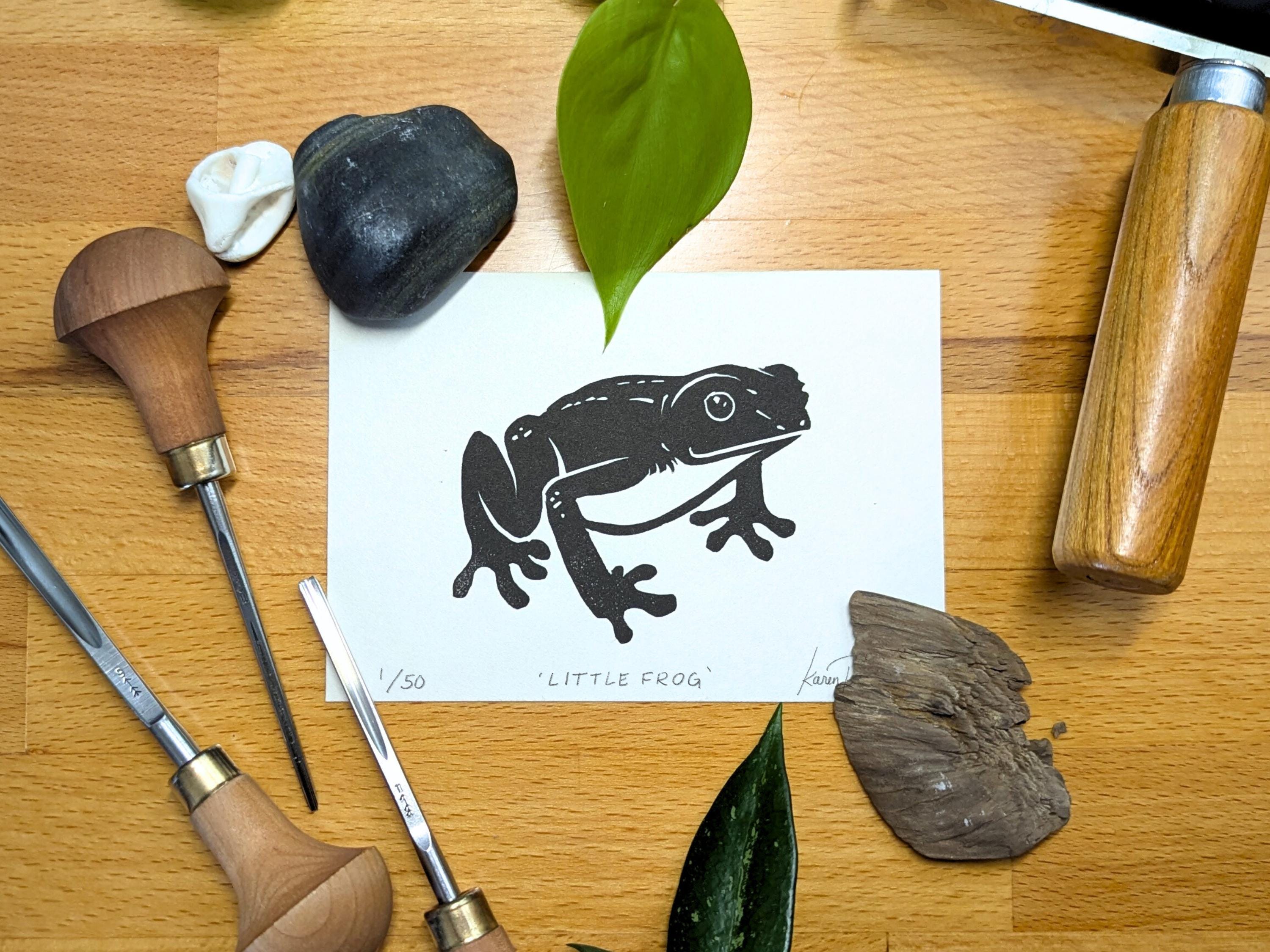 Frog Linocut Print | Small Handmade Amphibian Art | Mini Nature Print ...
