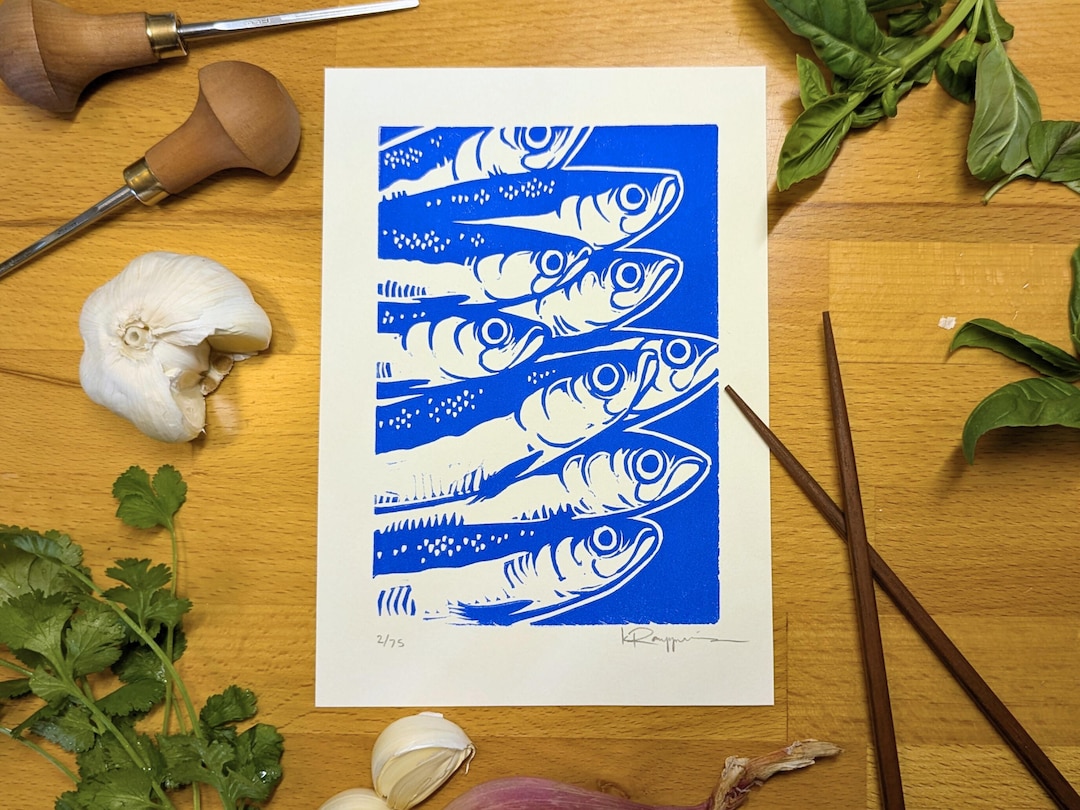Sardines Linocut Print | 5x7 Handmade Kitchen Art | Asian Food Series ...