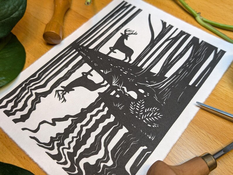 Deer Reflection Linocut Print | 6x8 Handmade Block Print | Woodland ...