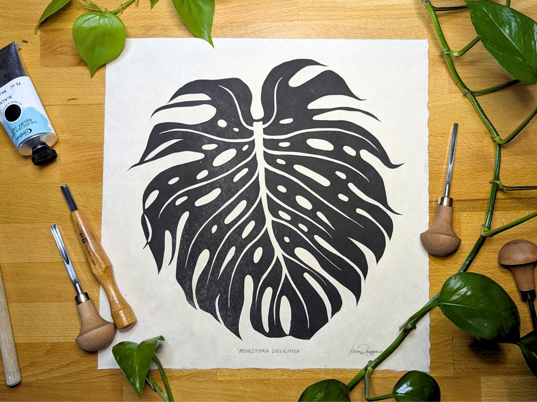 Monstera Leaf Linocut Print | Handmade Botanical Block Print | Black ...