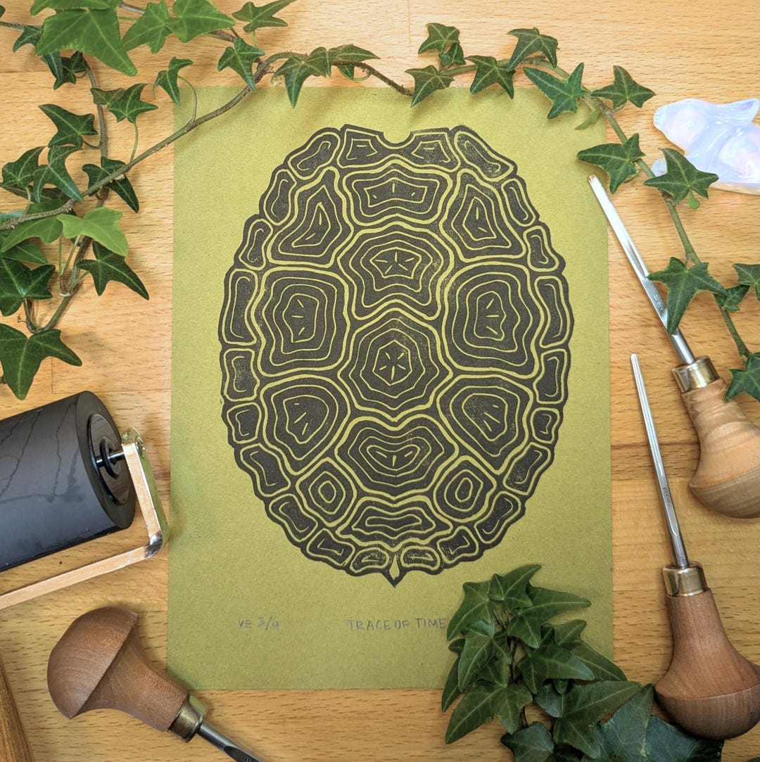 Turtle Shell Linocut Print | Handmade Block Print | Small 6x8 Nature ...