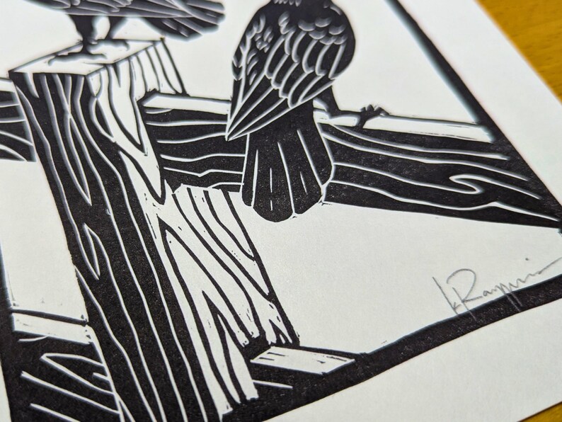 Crows Linocut Print: Handmade Black & White Bird Art, 5x7 Block Print ...
