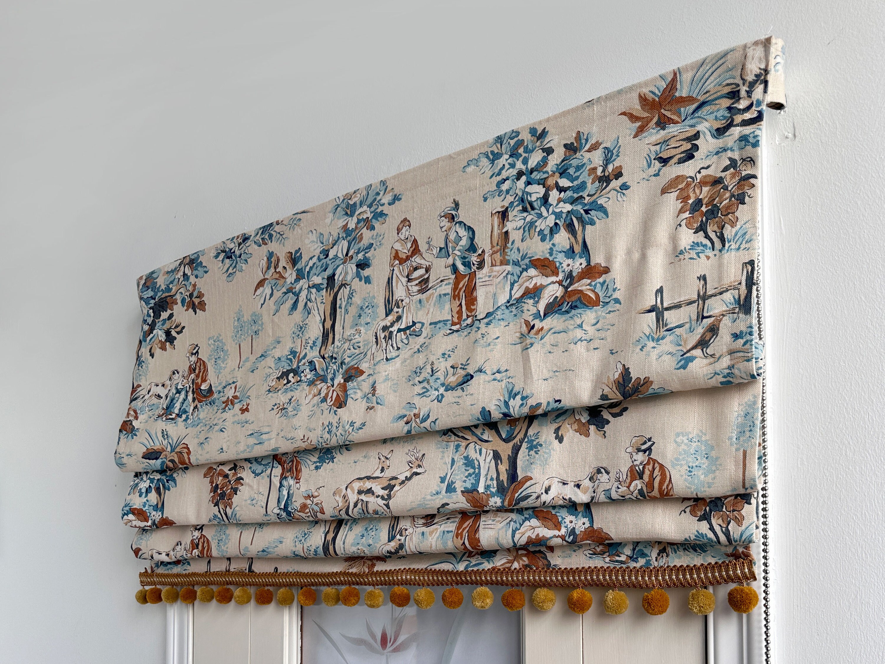 Blue Manor Pattern Roman Shades, Yellow Tassel Roman Shades, Farmhouse ...