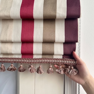 Red Striped Roman Shades, Roman Shades With Red Tassels, Linen Roman ...