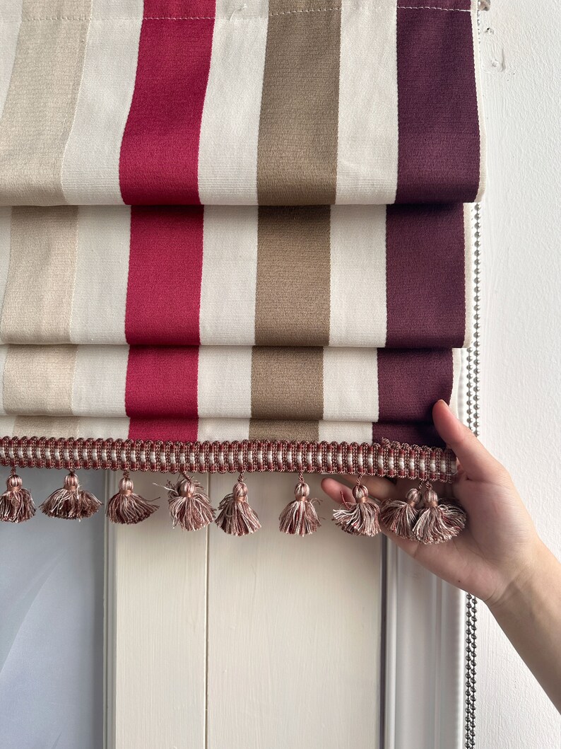 Red Striped Roman Shades, Roman Shades With Red Tassels, Linen Roman ...