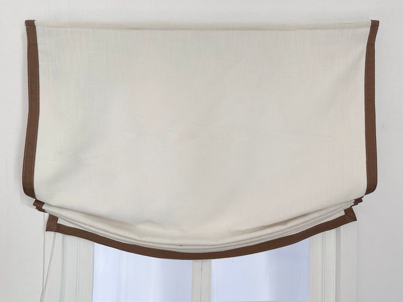White Linen Relaxed Roman Shades With Brown Trim, Drawstring System ...