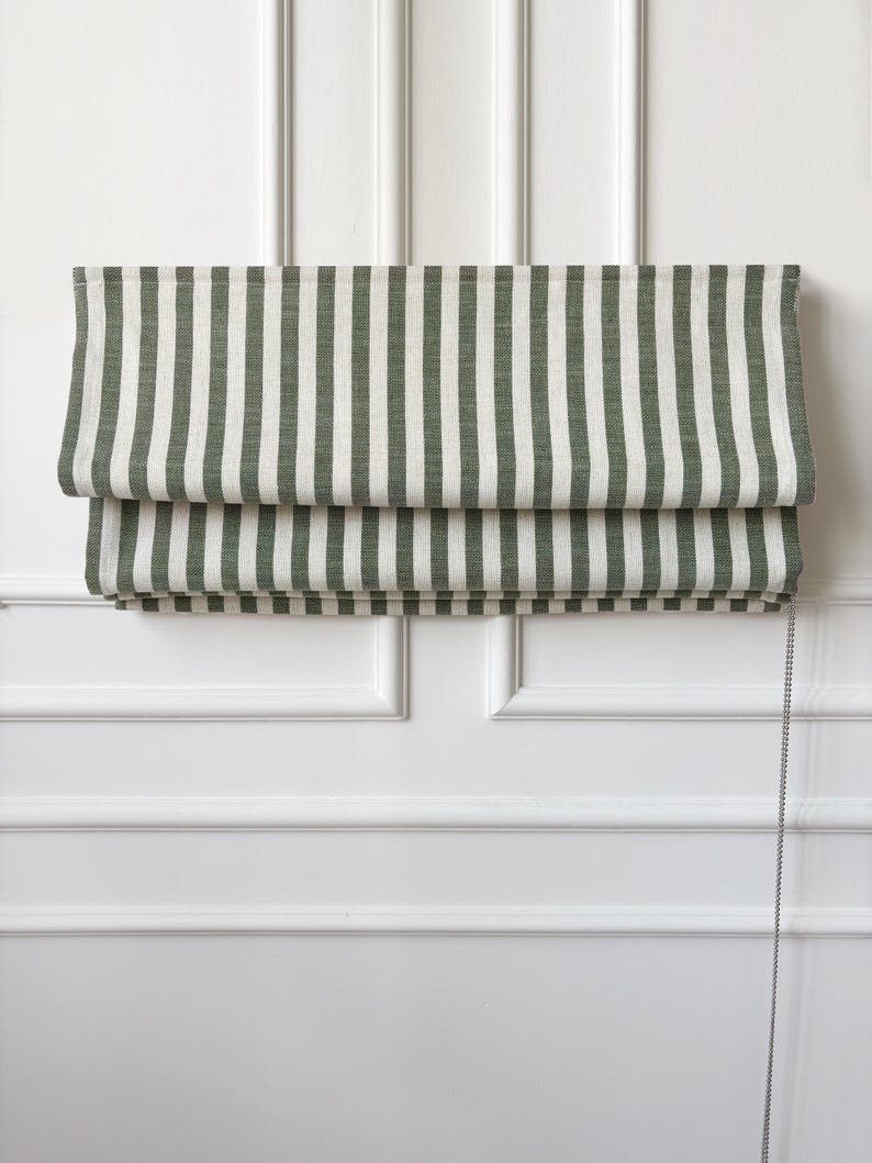 Classic Green & White Vertical Stripe Roman Shade, Neutral Ticking ...