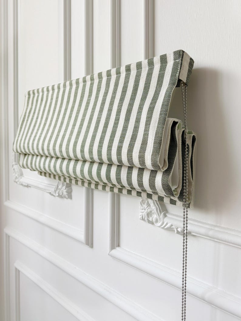 Classic Green & White Vertical Stripe Roman Shade, Neutral Ticking ...