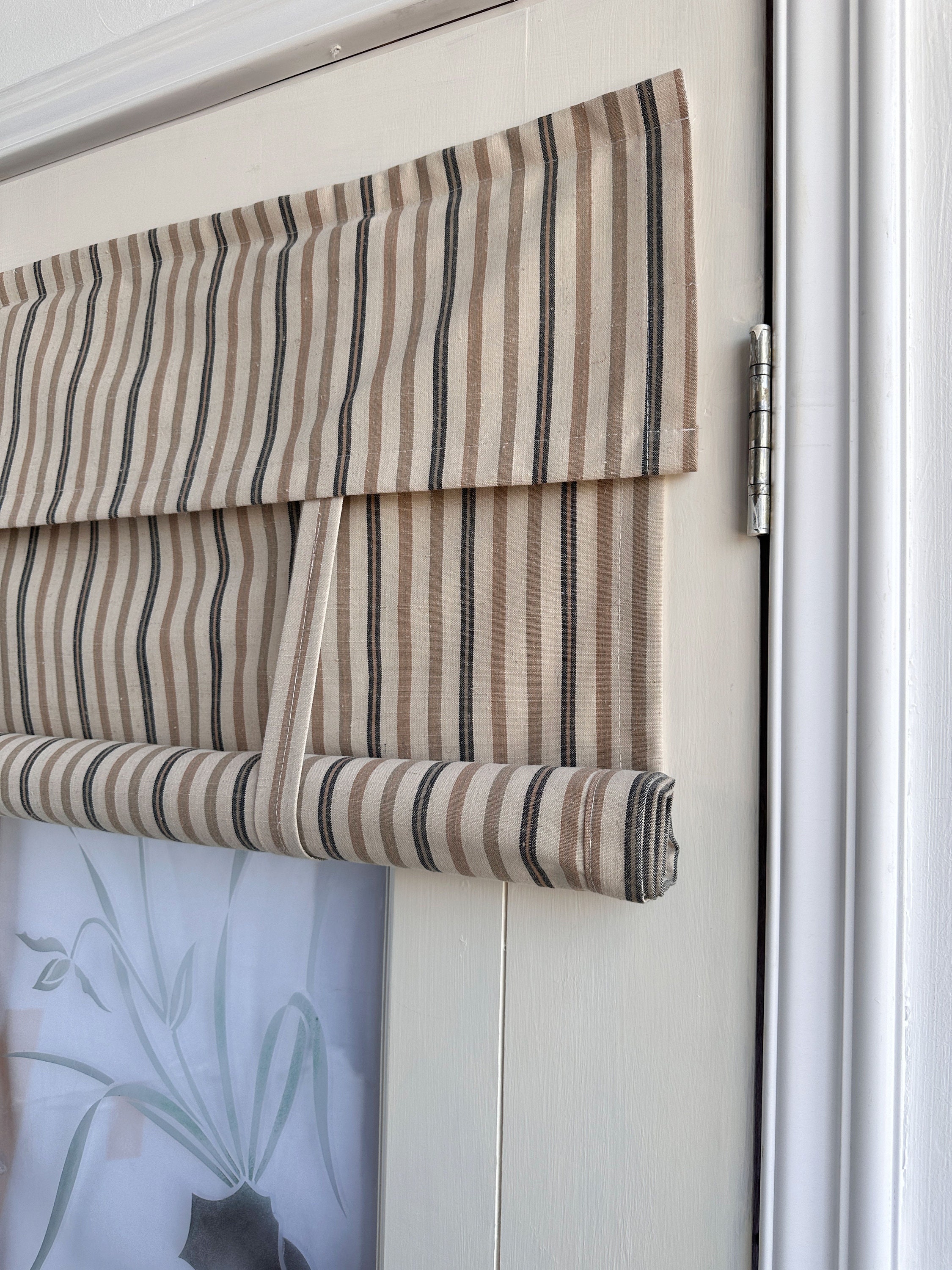 Striped Pattern Linen Roman Curtains, Brown Tie Roman Curtains, Custom ...