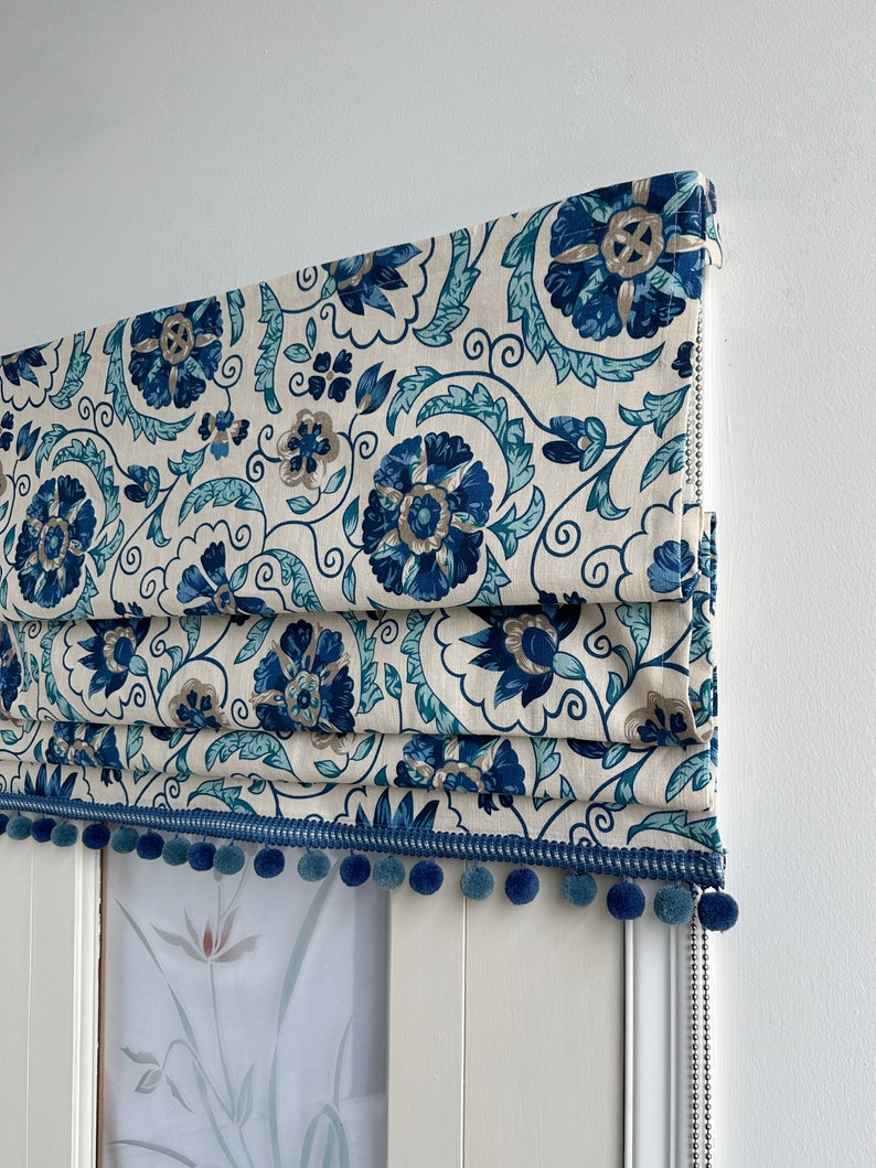 Floral Pattern Roman Shade With Pom Pom Trim,chain Mechanism,custom ...