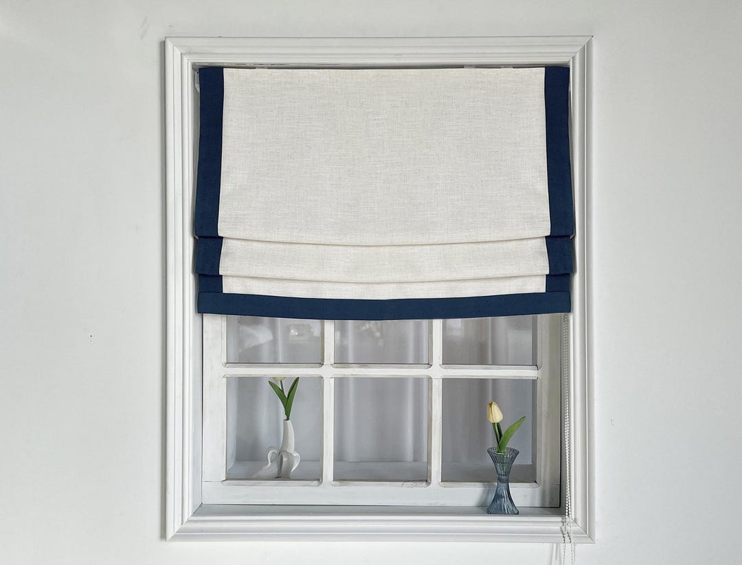 White Roman Shades, Roman Shades With Blue Border, Blackout Roman ...