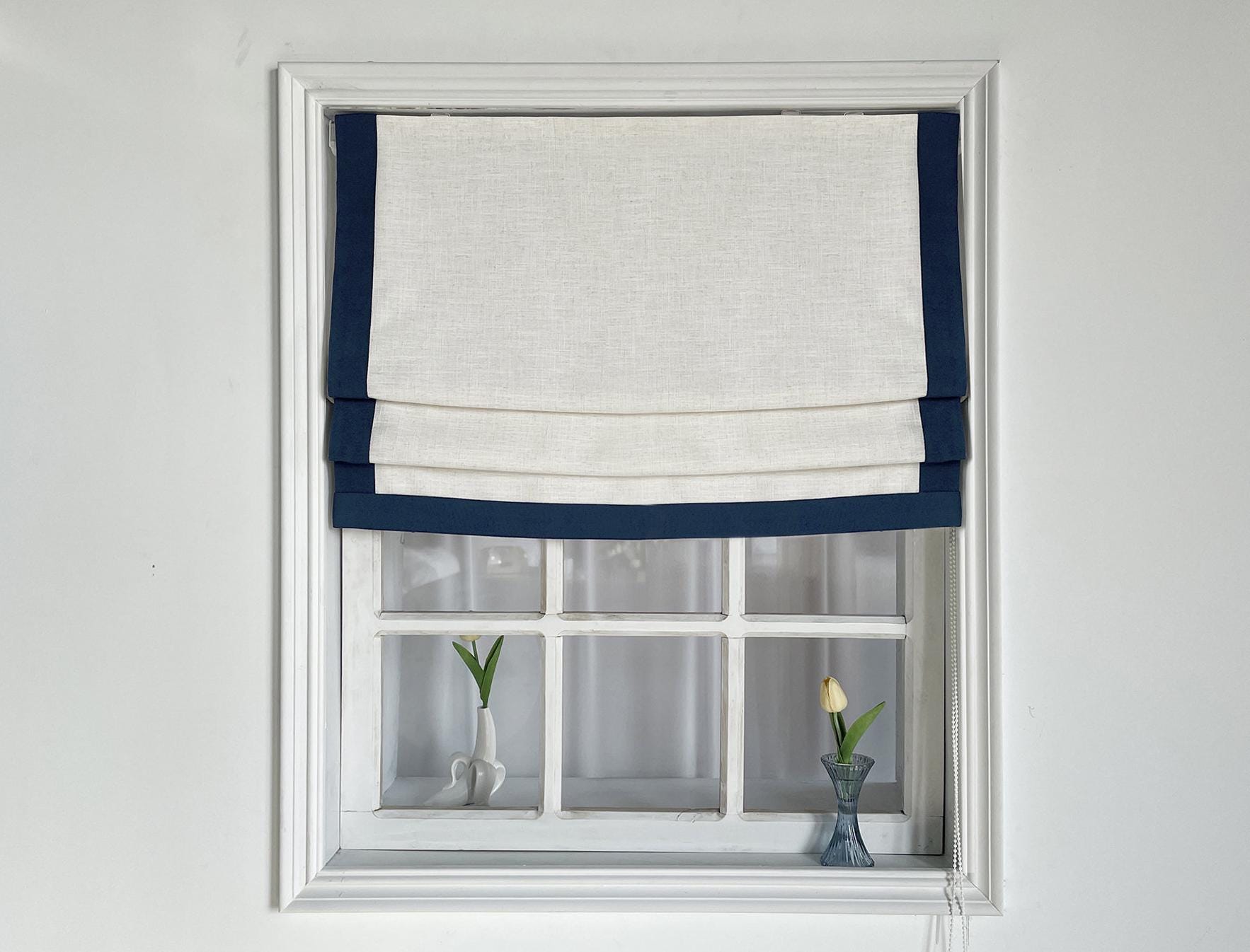 White Roman Shades, Roman Shades With Blue Border, Blackout Roman ...