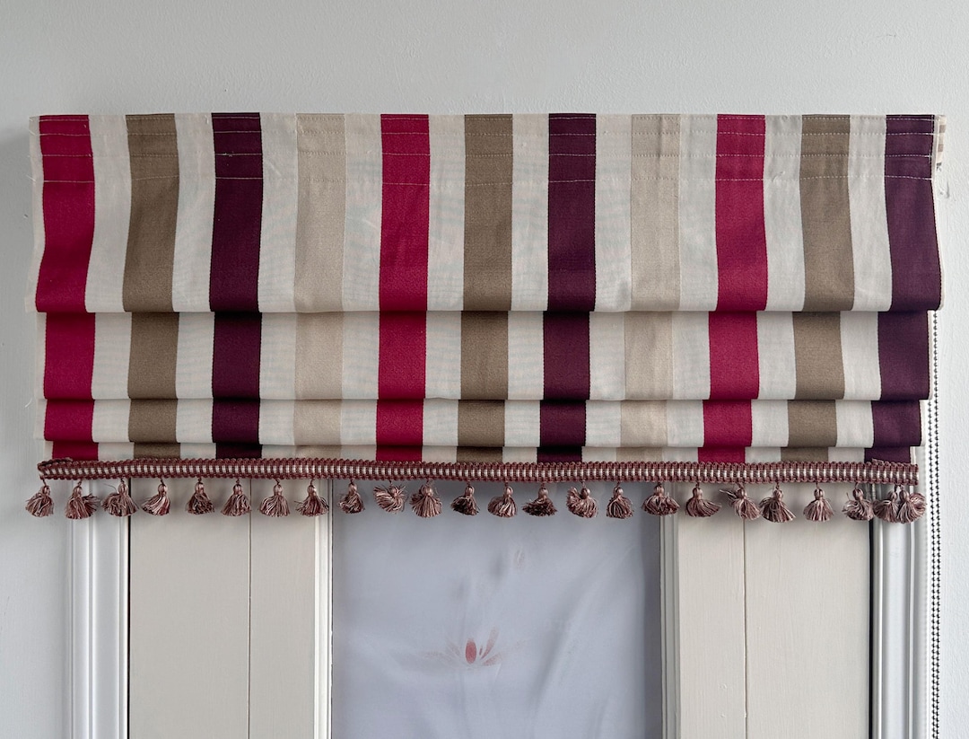 Red Striped Roman Shades, Roman Shades With Red Tassels, Linen Roman ...