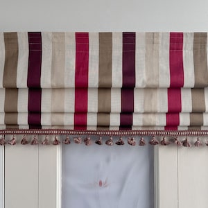 Red Striped Roman Shades, Roman Shades With Red Tassels, Linen Roman ...