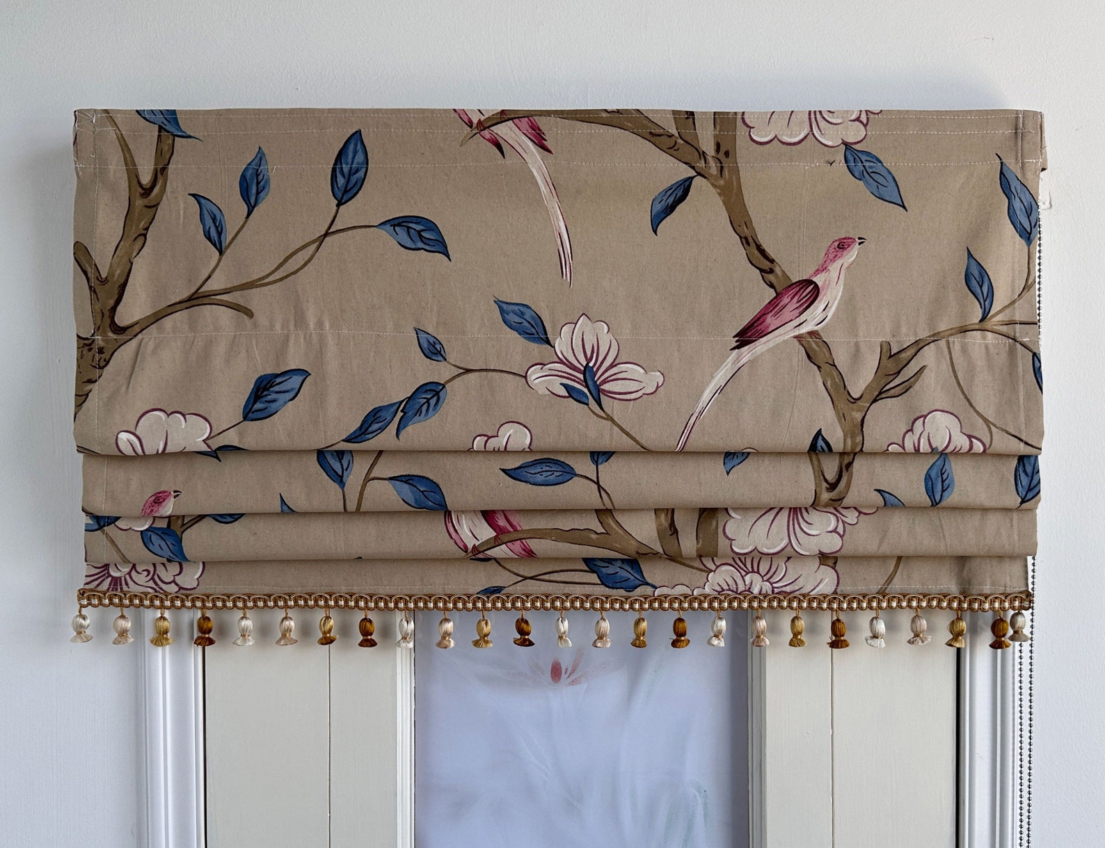 Brown Roman Shades With Pom Pom Trim, Plant and Bird Pattern Print ...