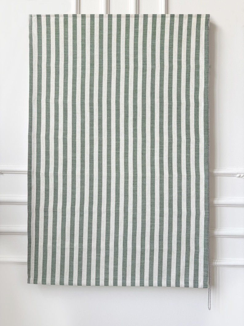 Classic Green & White Vertical Stripe Roman Shade, Neutral Ticking ...