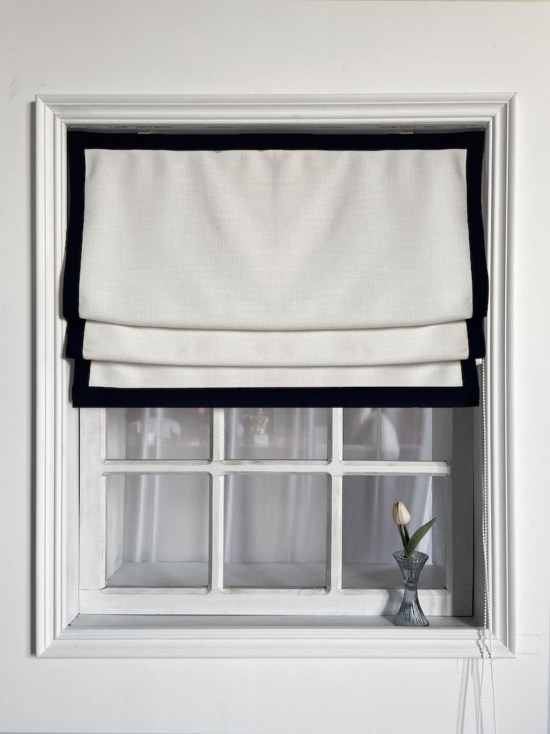 Linen Roman Shades With Black Trim, Drawstring System, Custom Size Home ...