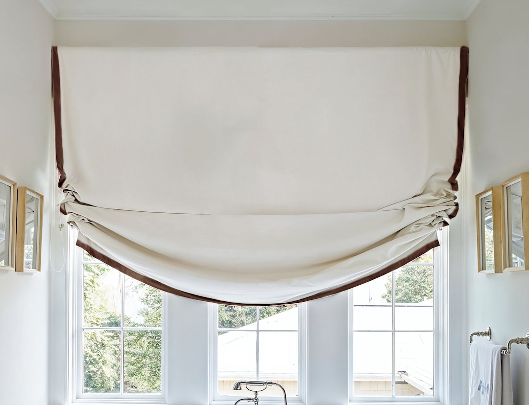 White Linen Roman Shade With Brown Trim, Handmade Window Treatment - Etsy