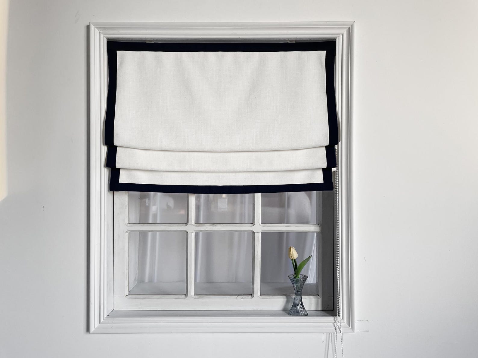 Linen Roman Shades With Black Trim, Drawstring System, Custom Size Home ...