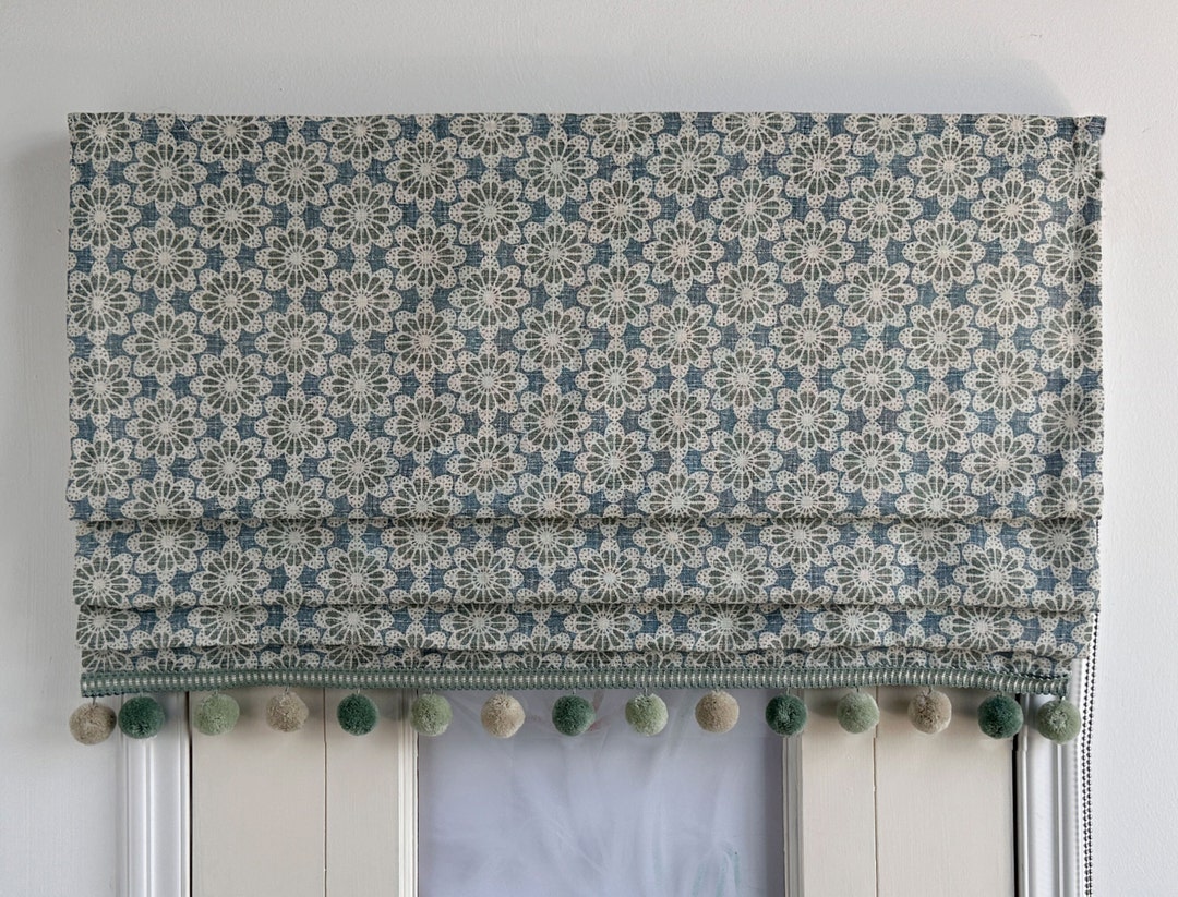 Blue Floral Pattern Roman Shades With Colorful Pom Pom Trim, Farmhouse ...