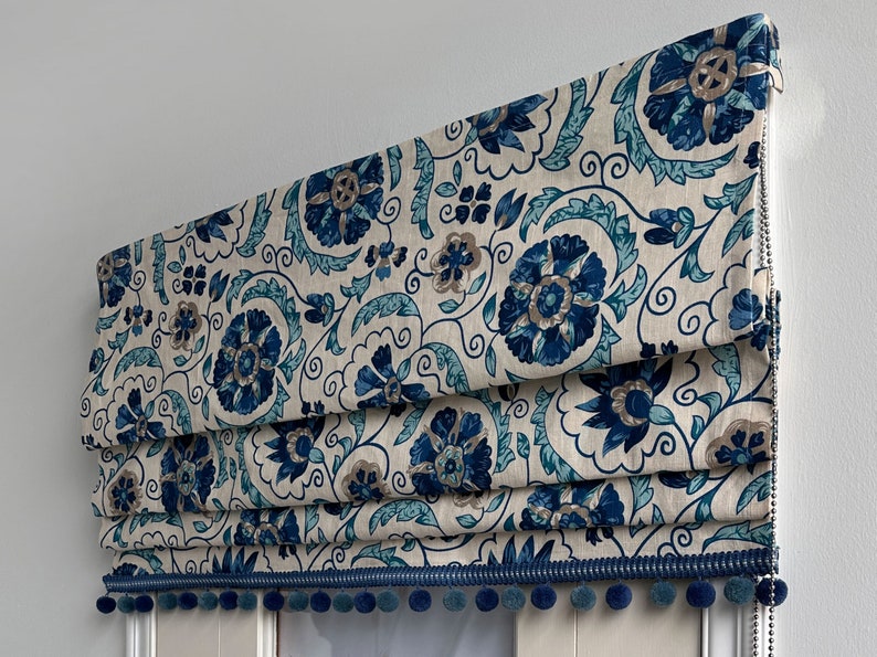 Floral Pattern Roman Shade With Pom Pom Trim,chain Mechanism,custom ...