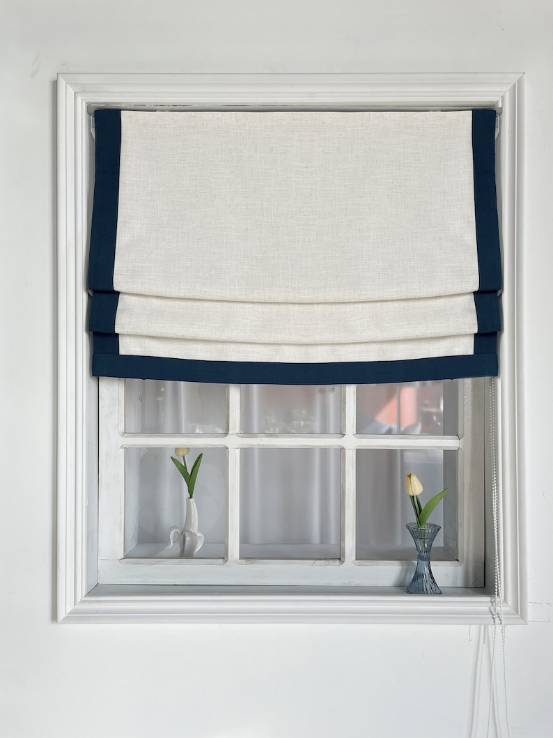 White Roman Shade With Navy Blue Border, Blackout Lining - Etsy