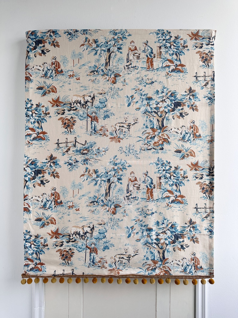 Blue Manor Pattern Roman Shades, Yellow Tassel Roman Shades, Farmhouse ...