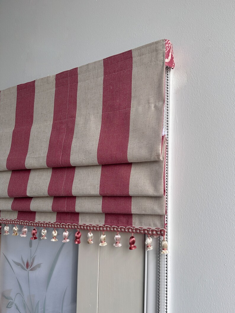 Red Striped Roman Shades, Roman Shades With Red Tassels, Custom Size ...