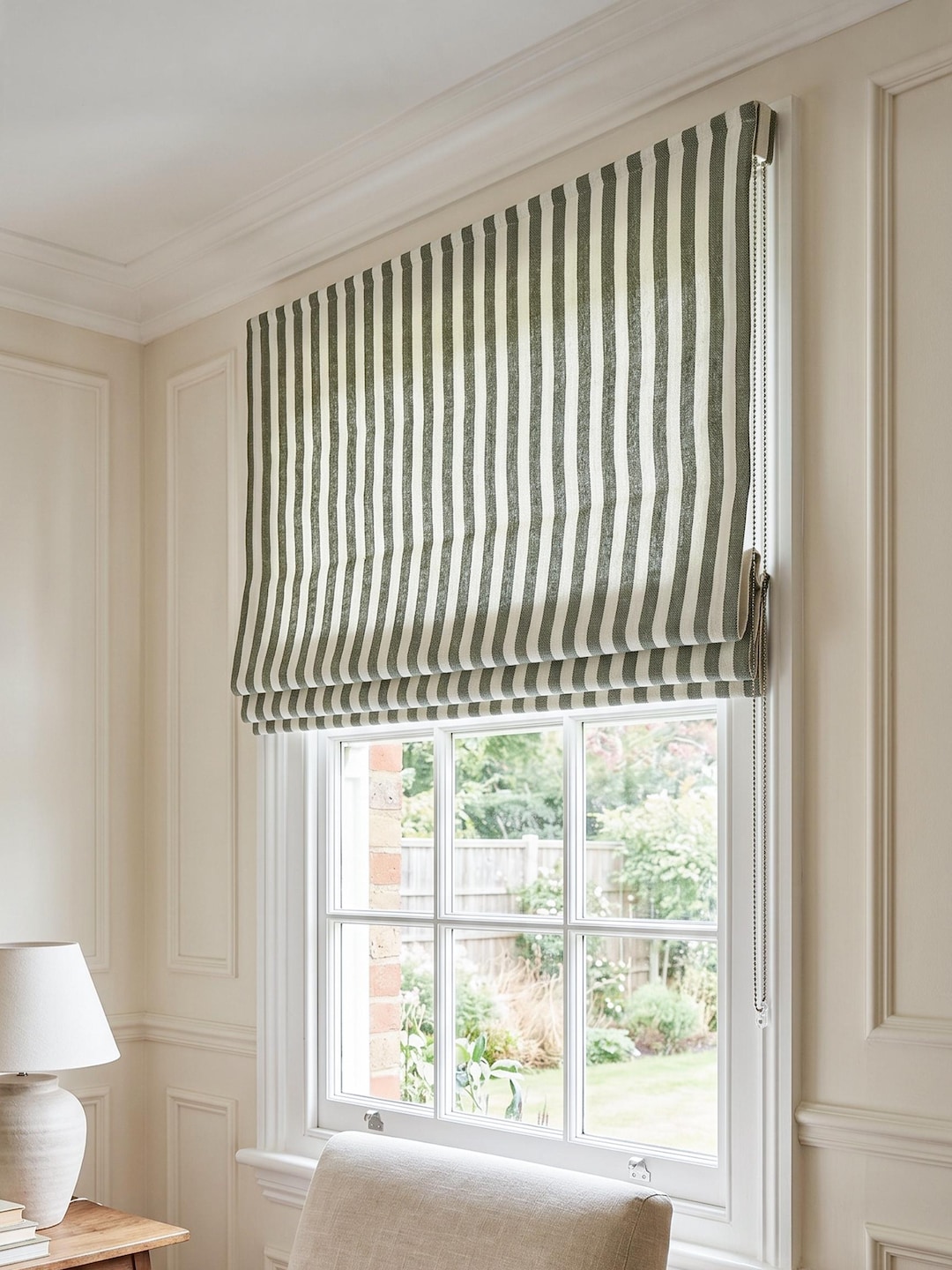 Classic Green & White Vertical Stripe Roman Shade, Neutral Ticking ...