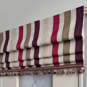 Red Striped Roman Shades, Roman Shades With Red Tassels, Linen Roman ...
