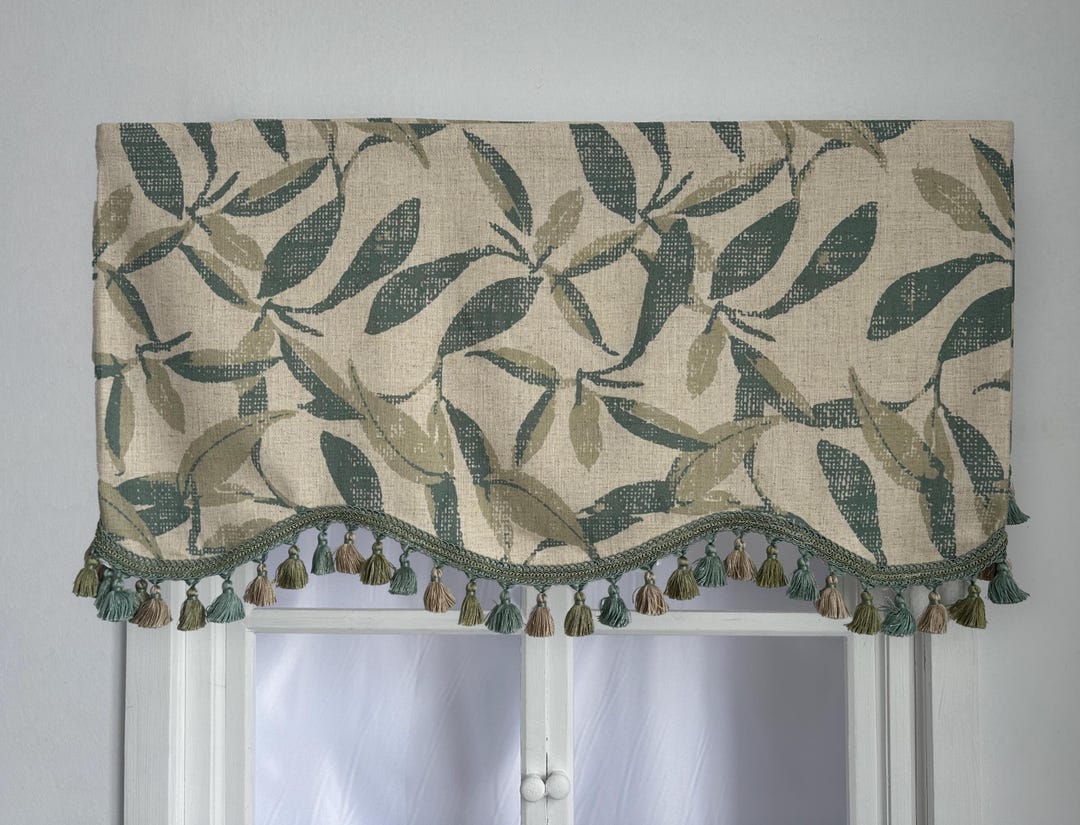 Linen Valance With Leaf Print & Tassel Trim , Curtain Valances, Custom ...
