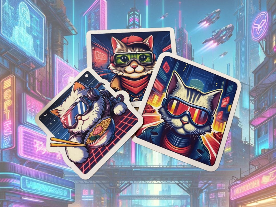 Cyberpunk Cat Sticker Pack – Set of 3 Futuristic Vinyl Decals (2 Inch ...
