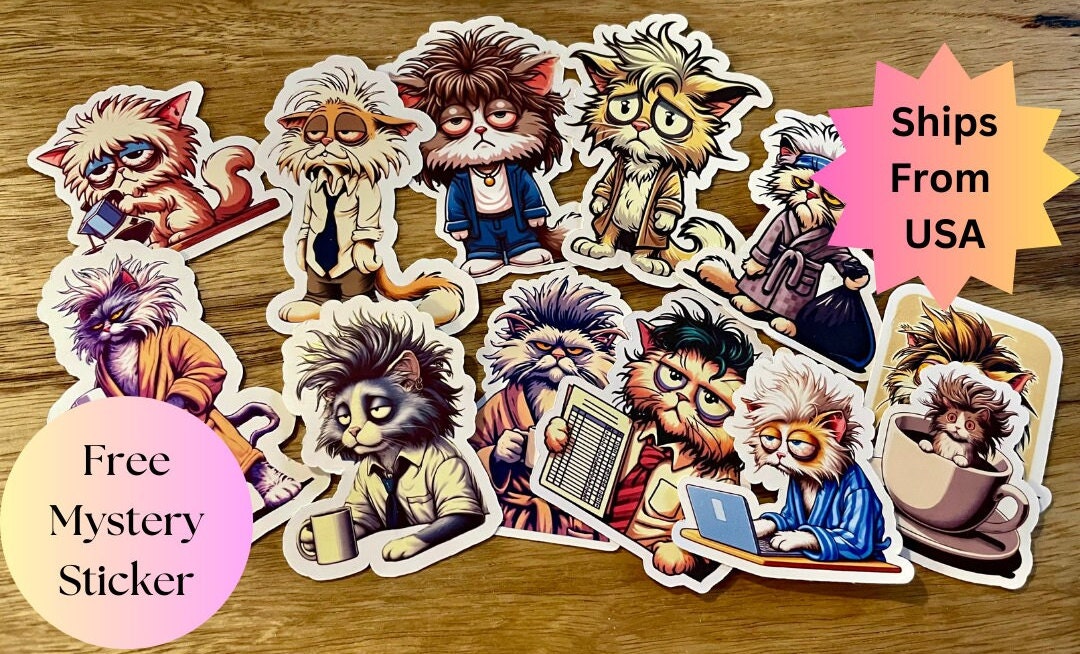 Grumpy Monday Morning Cats Vinyl Stickers Pack - 12 Funny Cat Stickers ...