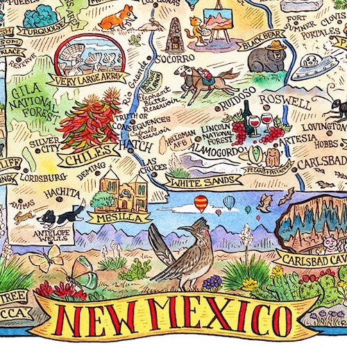 New Mexico Map Artwork Gift State NM Print Map Illustration - Etsy