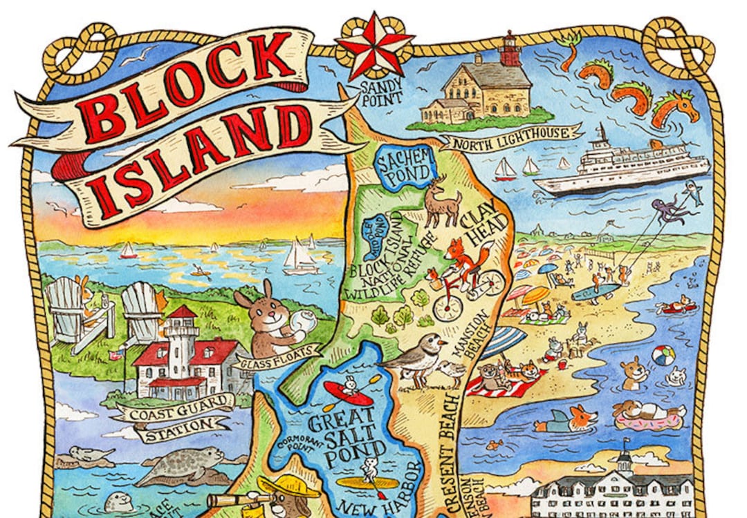 Block Island Rhode Island Map Art Print 11"x 14" - Etsy