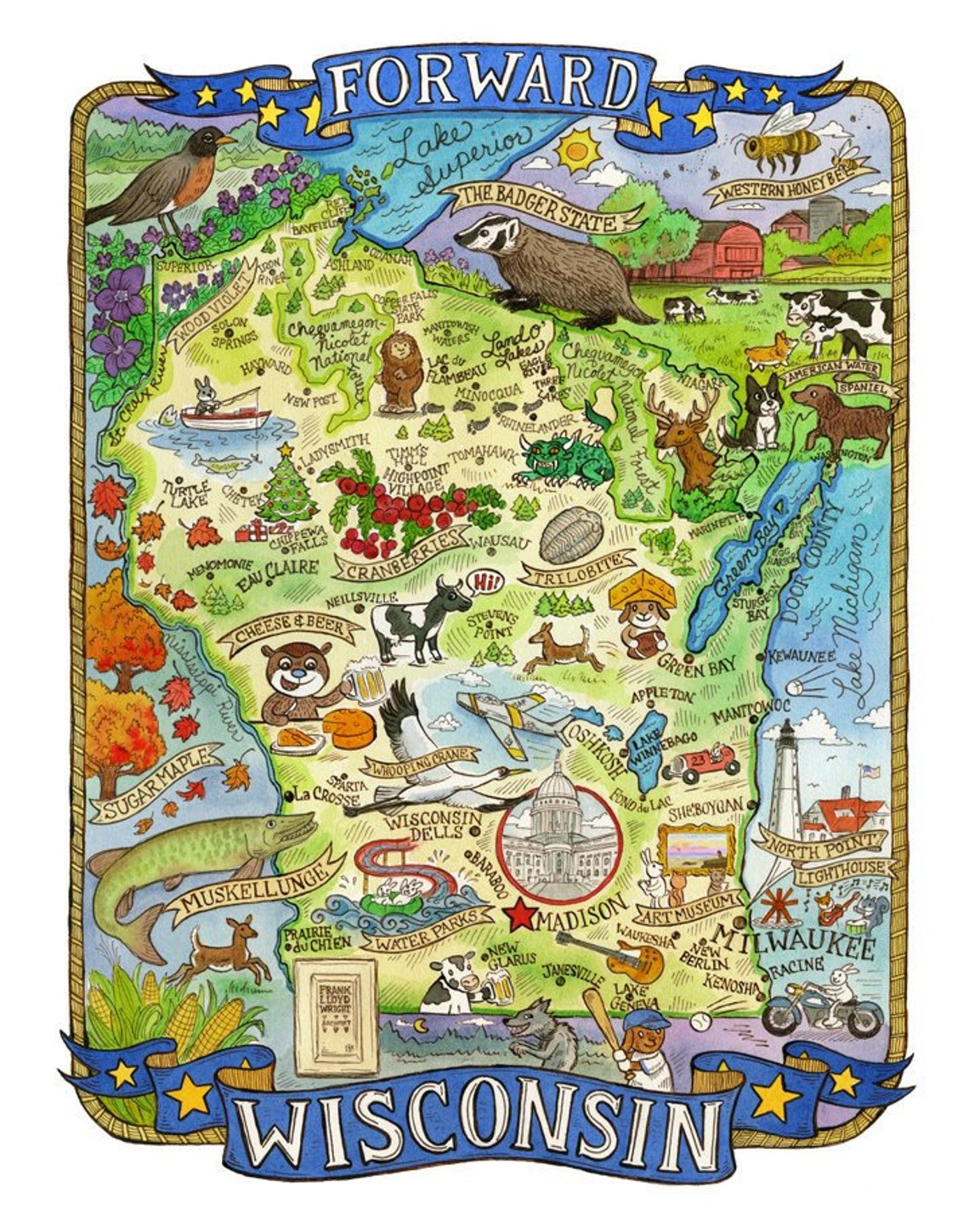 Wisconsin State Map Art Print 11 X 14 - Etsy