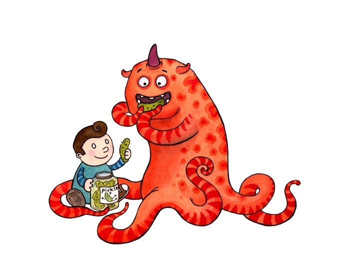 Pickle Monster Art Print-kid Boy Orange Tentacles - Etsy