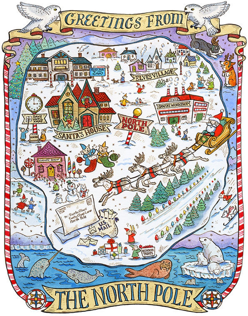 Christmas North Pole Map Art Print 8"x10" - Etsy