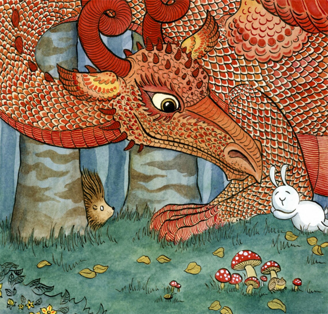 Red Dragon Rabbit Forest Woodland Art Print 11"x14" Safe and Sound - Etsy