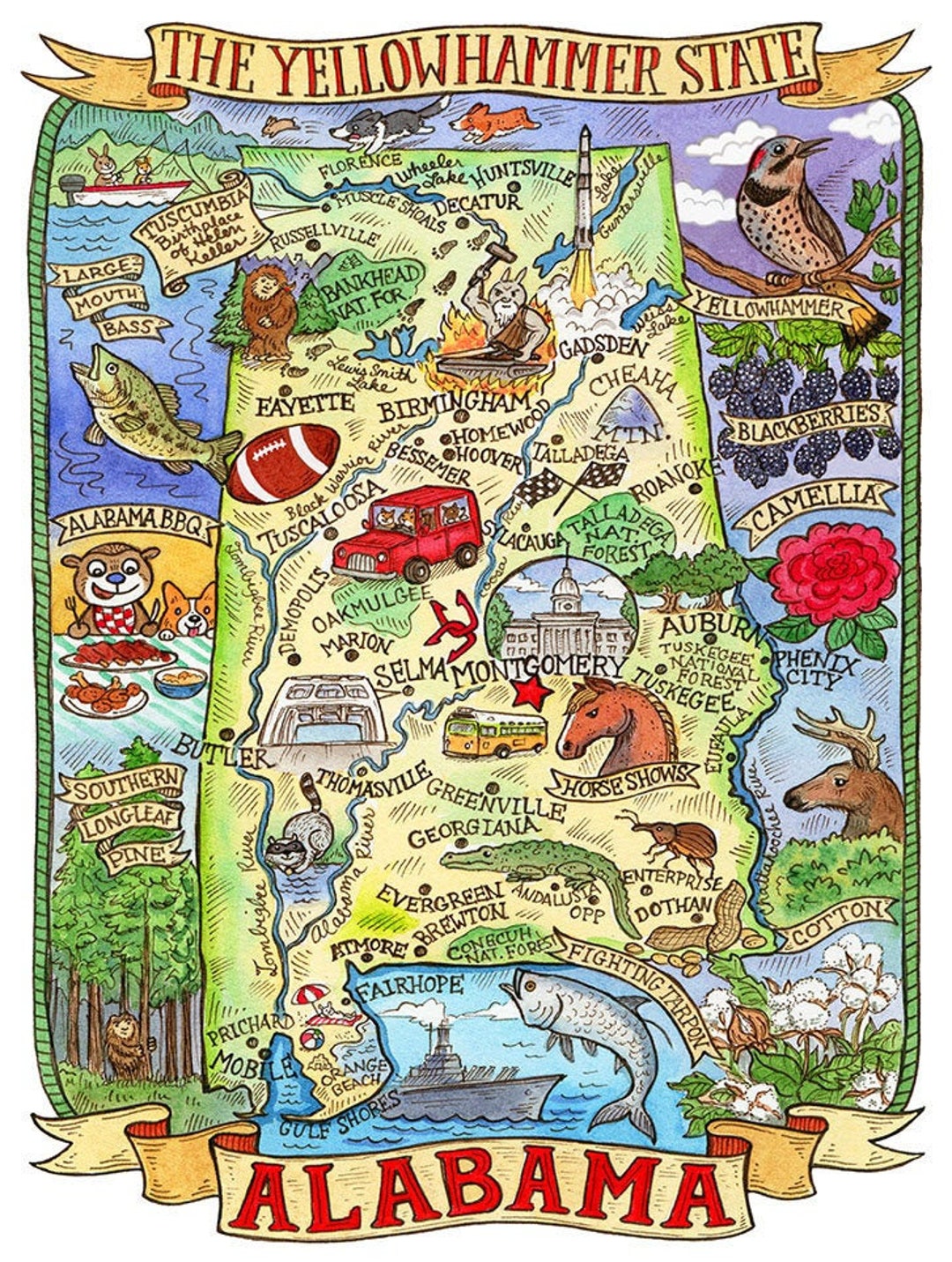 Alabama Map Art Print 11"x 14" - Etsy