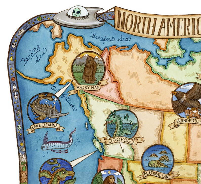 Cryptids of North America Map Art Print 11 X14 - Etsy