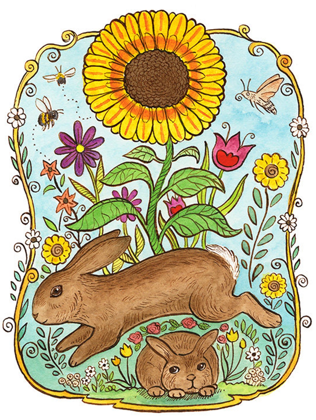 Sunflower Rabbits Art Print - Etsy