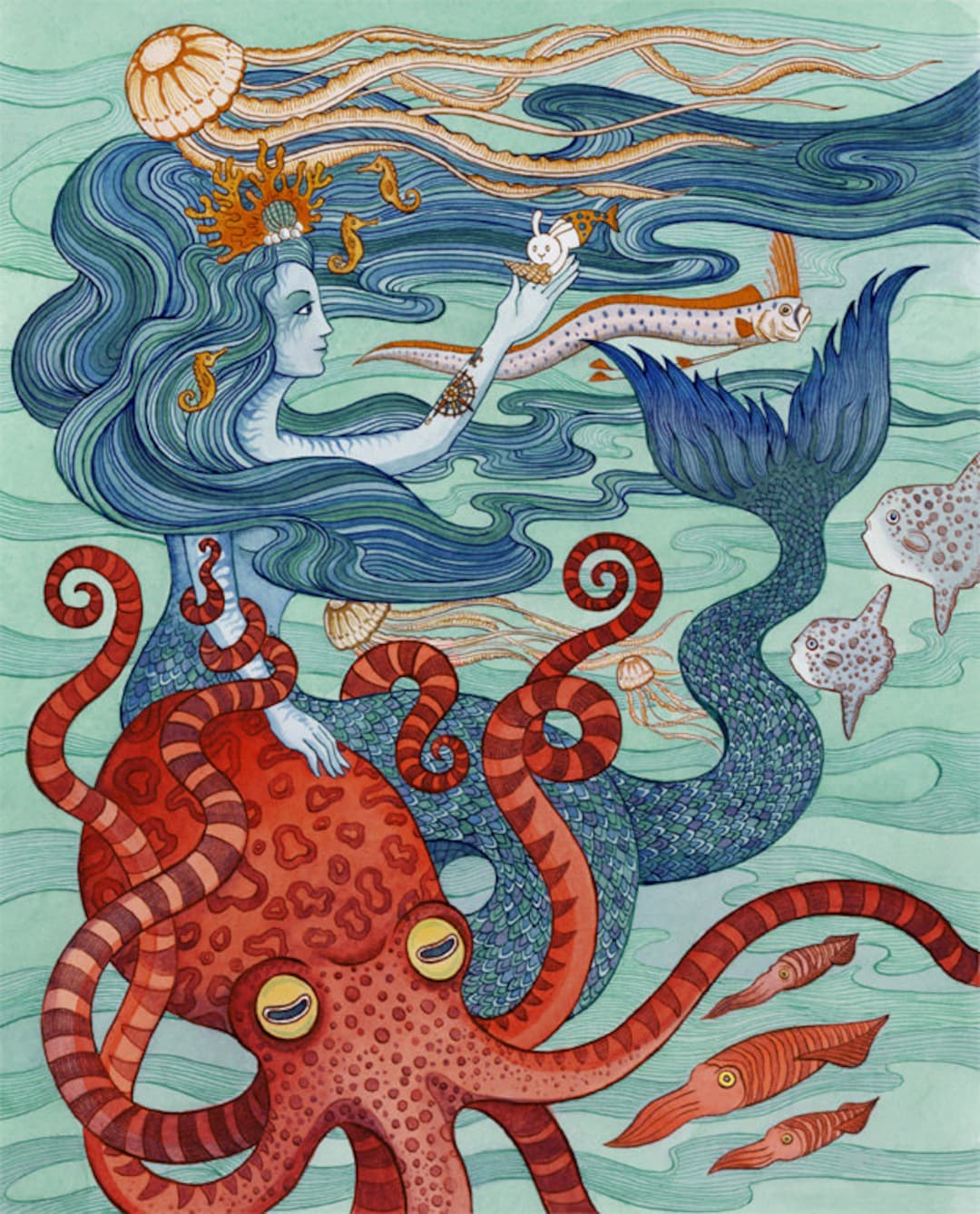 Mermaid Octopus Archival Art Print 11" X14" - Etsy