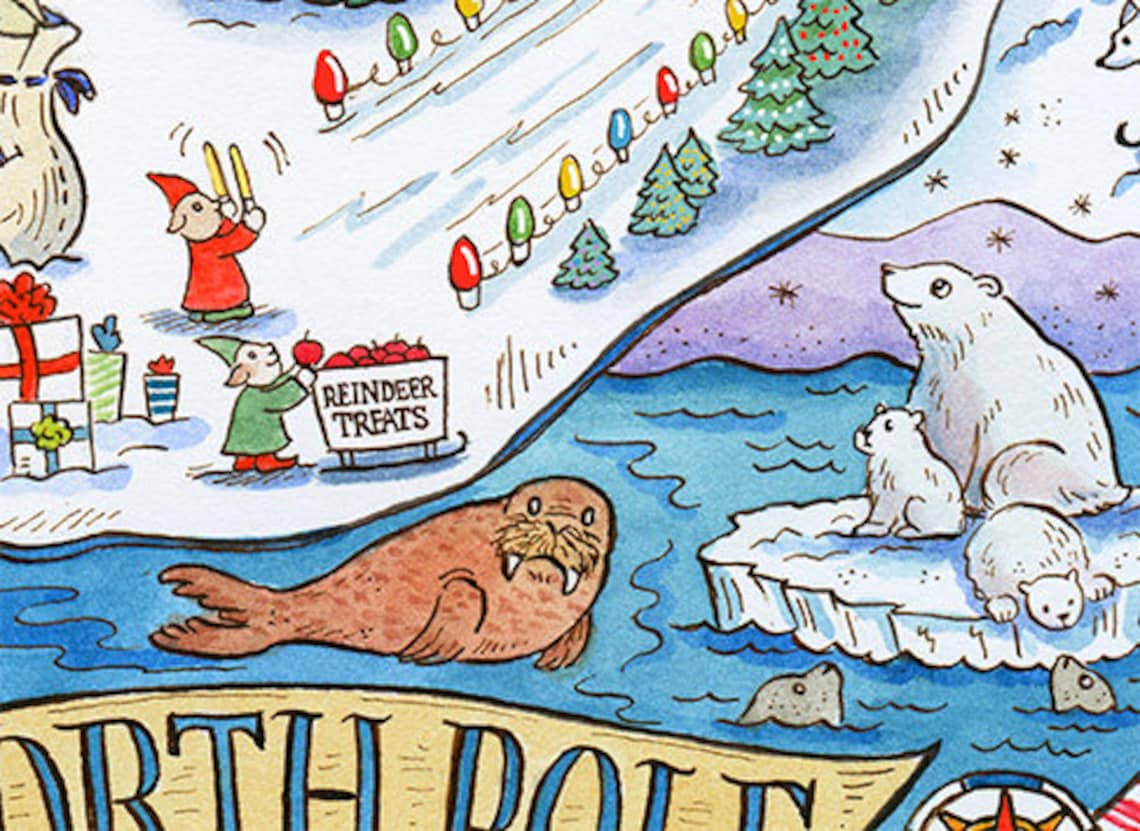 Christmas North Pole Map Art Print 11 X 14 - Etsy
