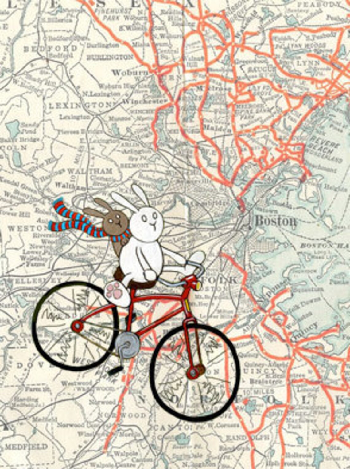 Boston Map Bicycle Bunnies Art Print 8" X 10" - Etsy