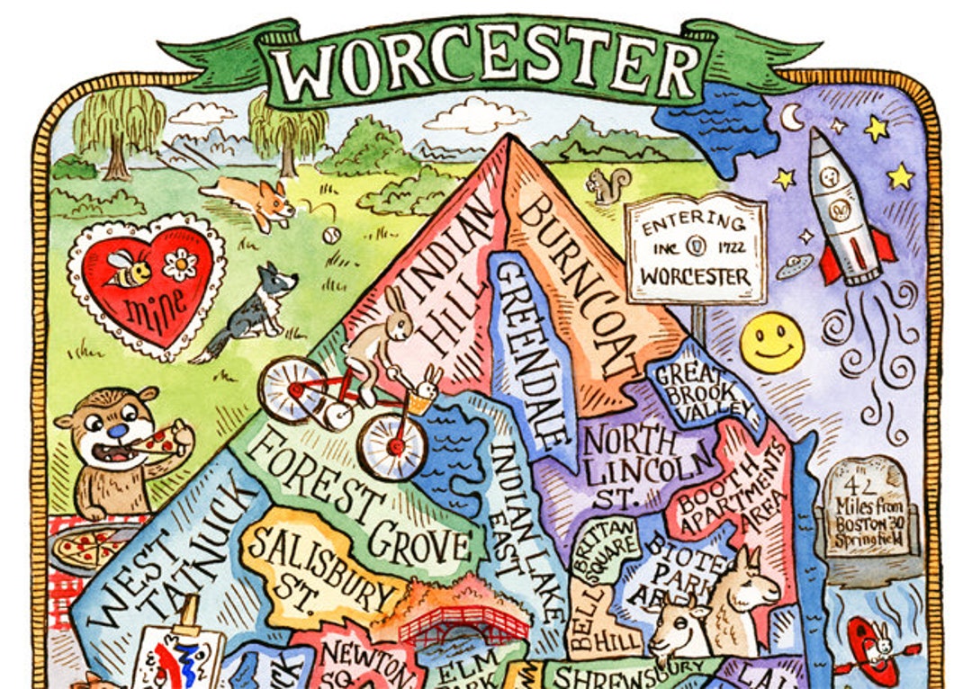 Worcester Massachusetts Neighborhood Map Art Print 11" X 14" - Etsy