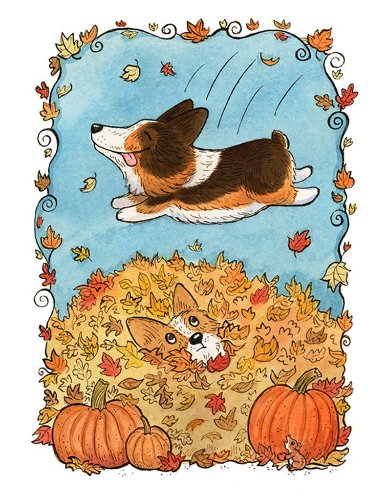 Corgis in Fall Leaves Art Print 8"x10" - Etsy