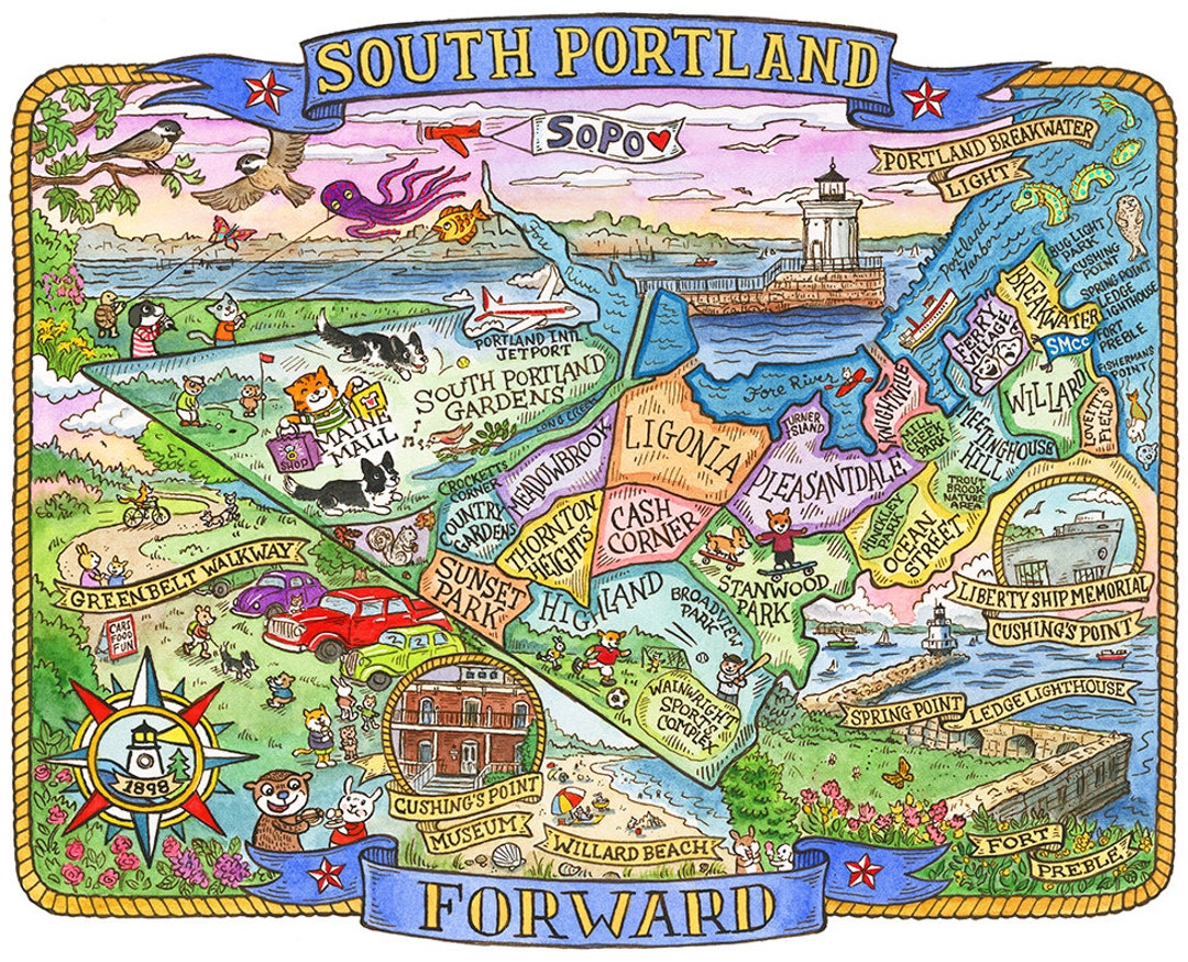 South Portland Maine Art Map Print 16x20 - Etsy